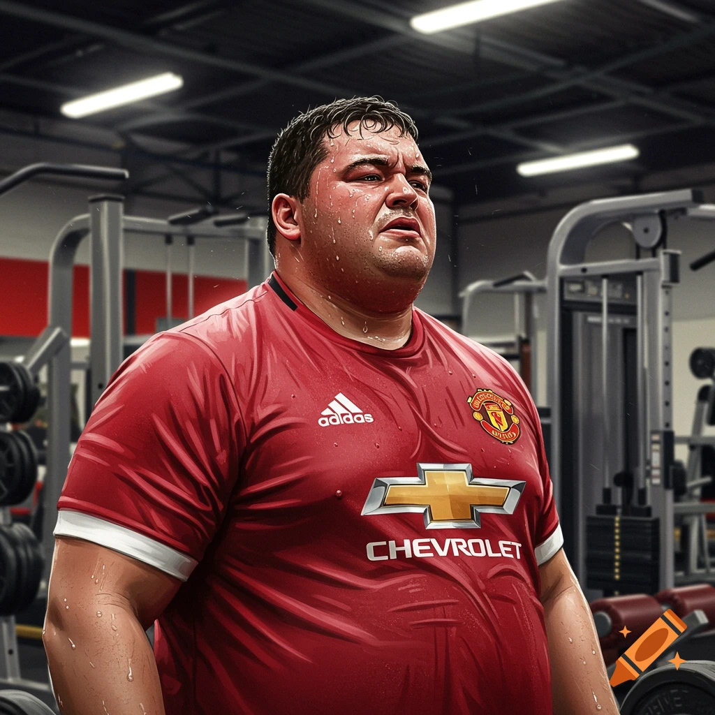 A large man in a red Manchester United jersey and black shorts stands ...