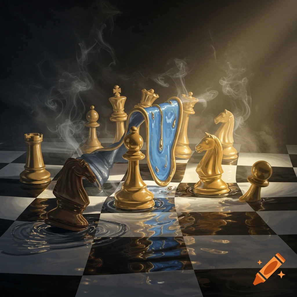Photorealistic image of scattered dark and light wooden chess pieces on ...