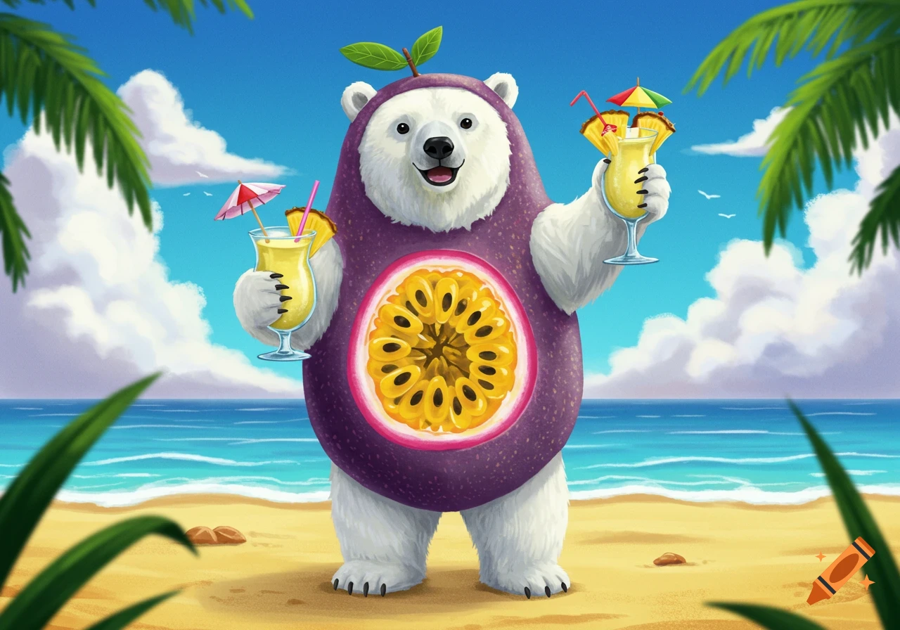 A cheerful polar bear wearing a passion fruit costume stands on a sunny ...