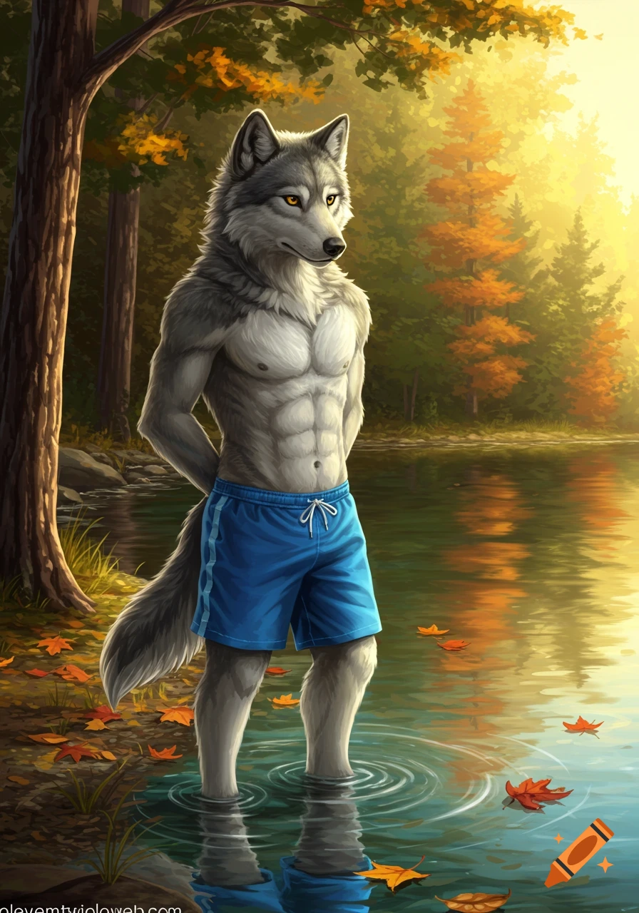 A hyperrealistic gray wolf furry in blue swim trunks stands in a ...