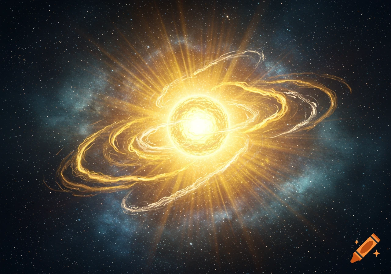 A bright golden cosmic energy swirling around a luminous star in a dark ...