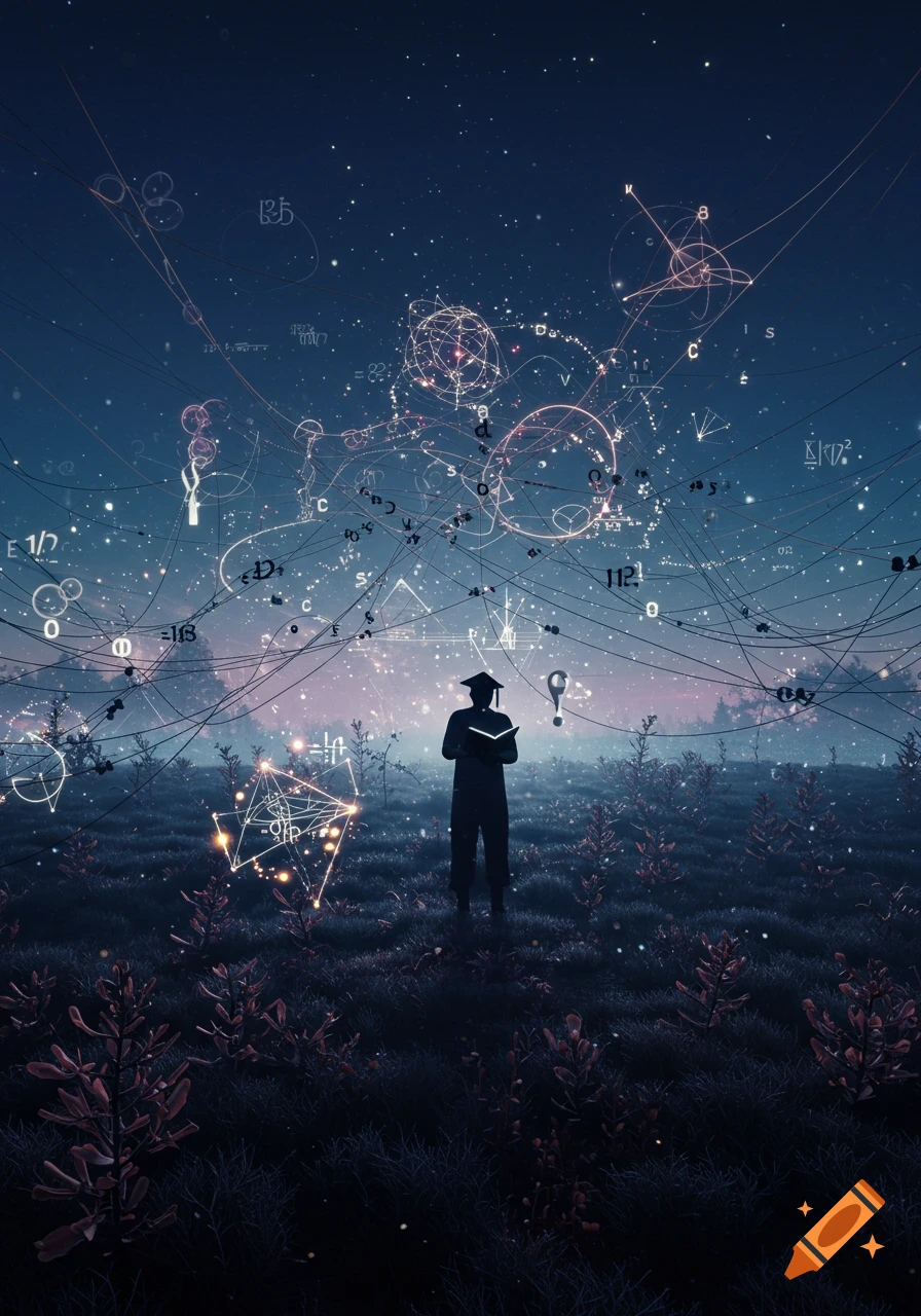 A silhouette of a person in a graduation cap stands in a field at night ...