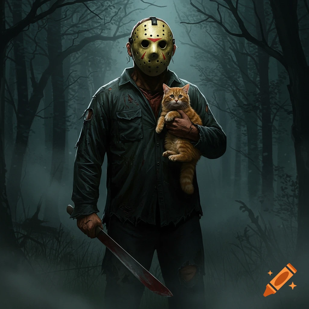 Jason Voorhees in a yellow hockey mask holds a bloody machete in a dark ...