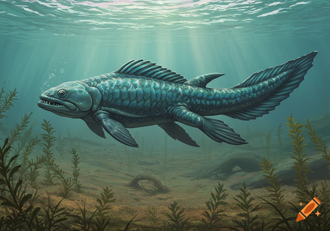 A prehistoric, blue-scaled lobed-finned fish swims in clear, sunlit ...