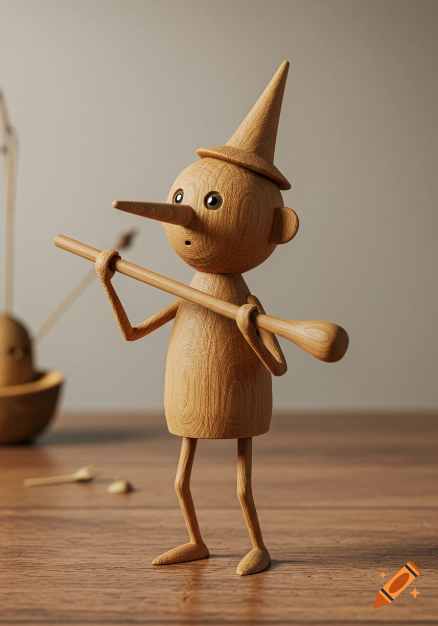 A stylized wooden figure resembling Pinocchio with a long nose and ...