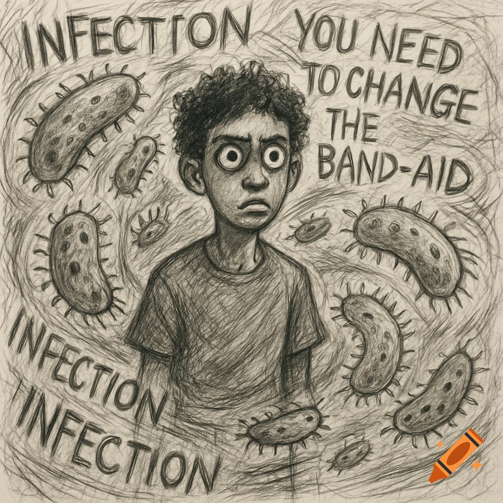 Pencil drawing of an anxious boy with wide eyes, surrounded by bacteria ...