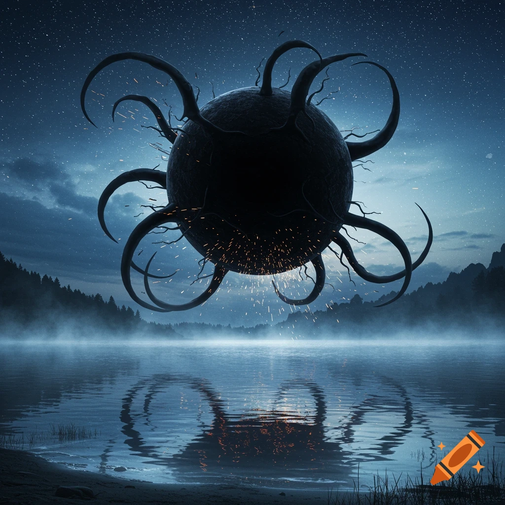 A creature with a domed cranium and bulbous eyes emerges from misty ...