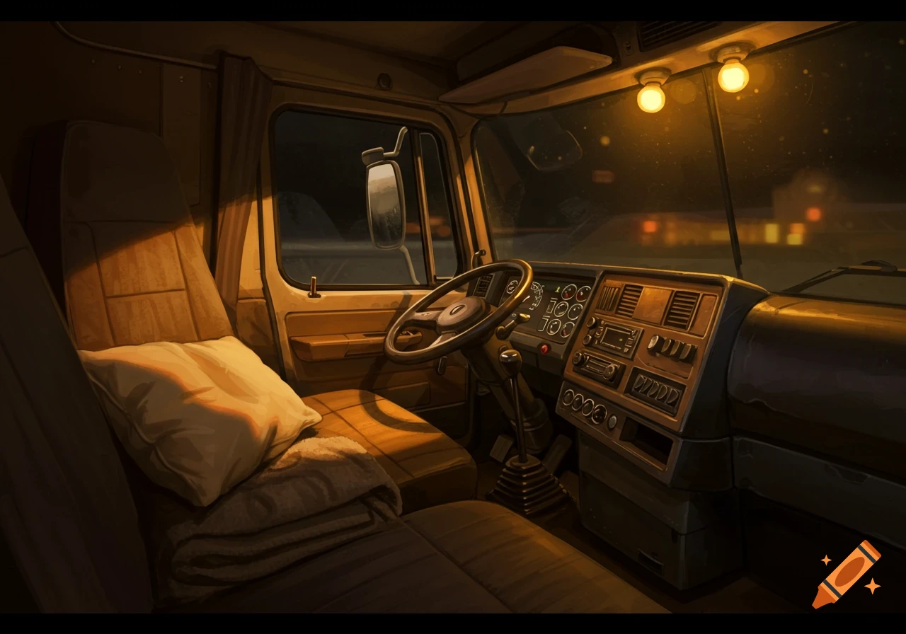 Interior view of a truck cab at night, with a pillow and blanket on the ...