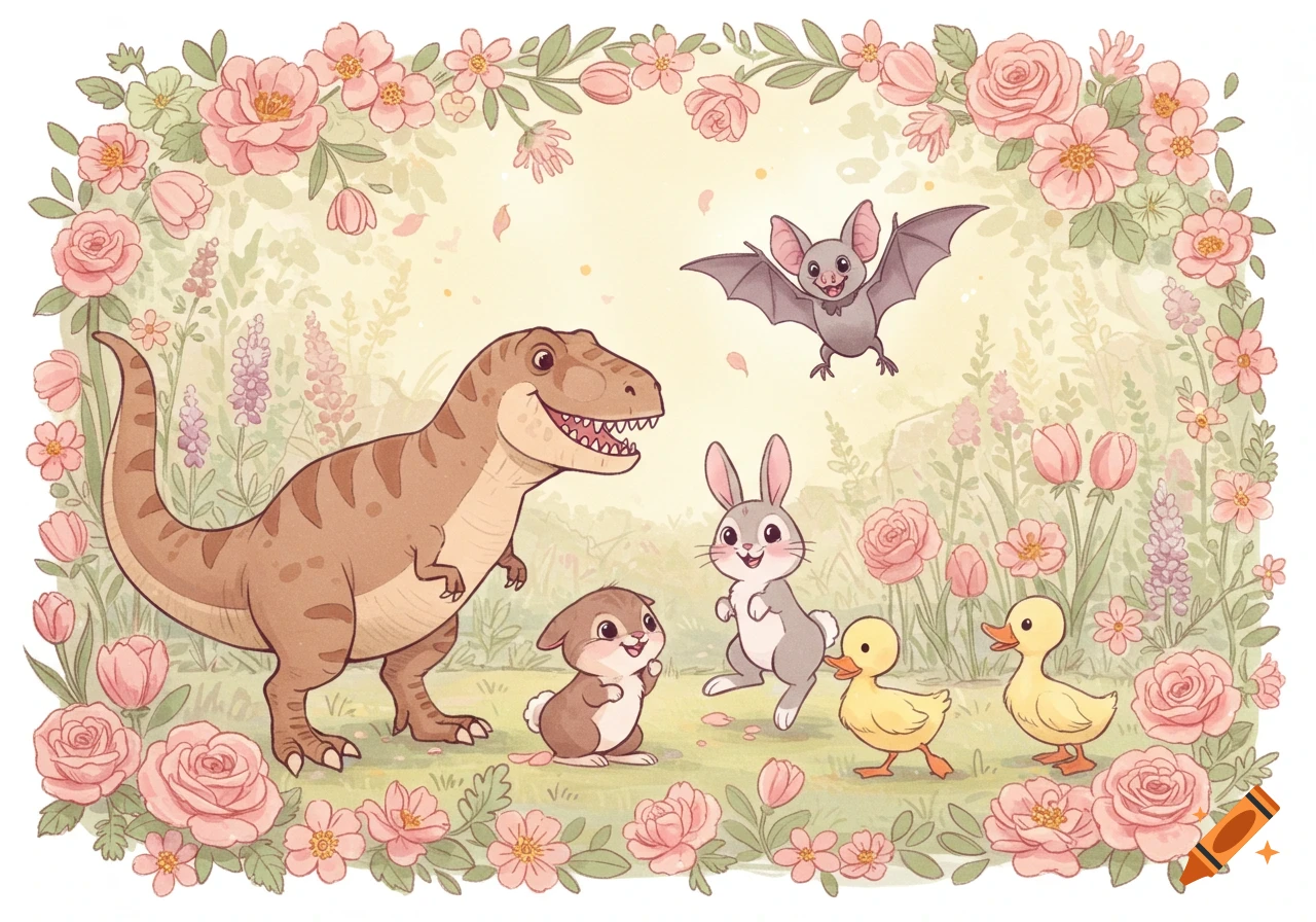 A cartoon T-Rex, rabbits, a bat, and ducklings in a whimsical floral ...