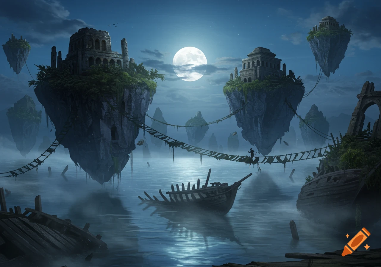 Fantasy landscape with ancient ruin islands floating above a misty ...