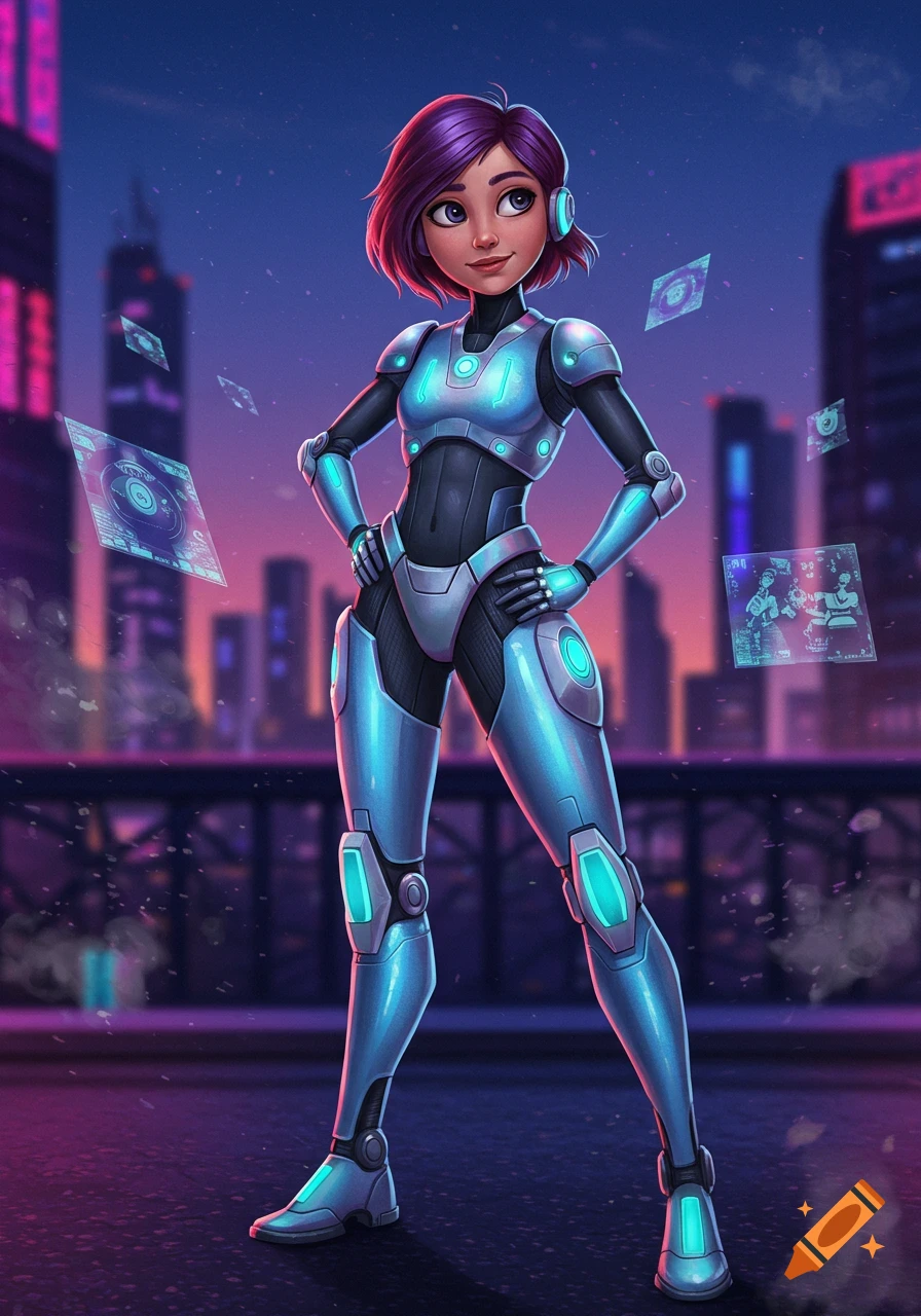 Stylized female superhero with red hair in a teal outfit stands on a ...