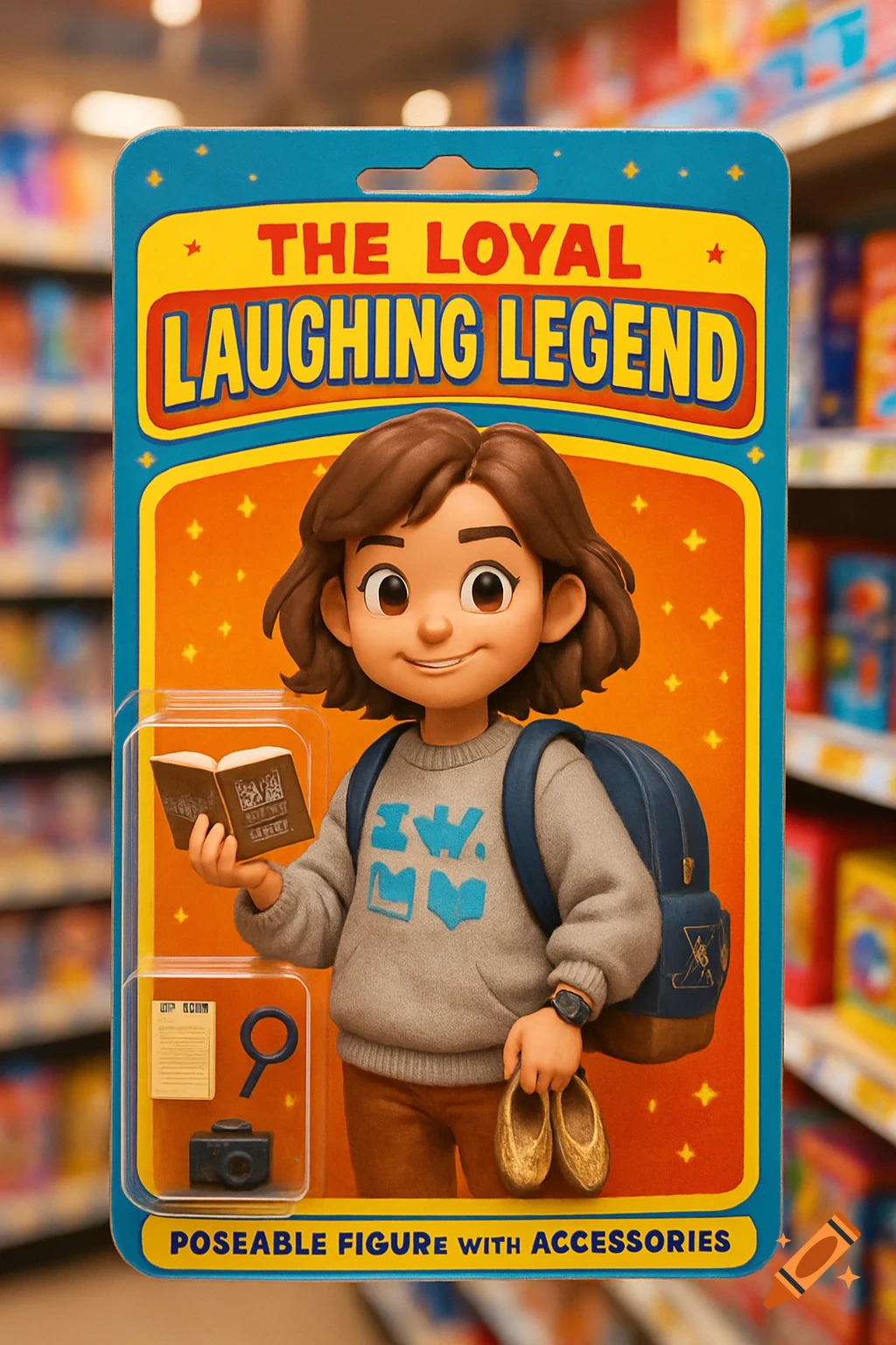 A stylized action figure of a brown-haired girl in a gray sweatshirt and backpack, holding a ...