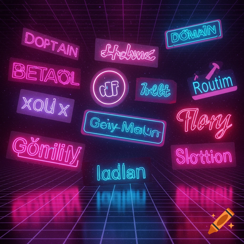 Multiple colorful neon signs with fake domain names float above a ...