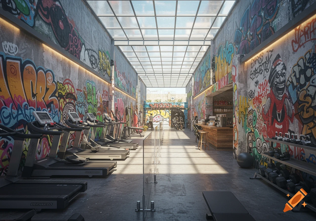 Photorealistic image of a modern gym with a man lifting weights and a ...