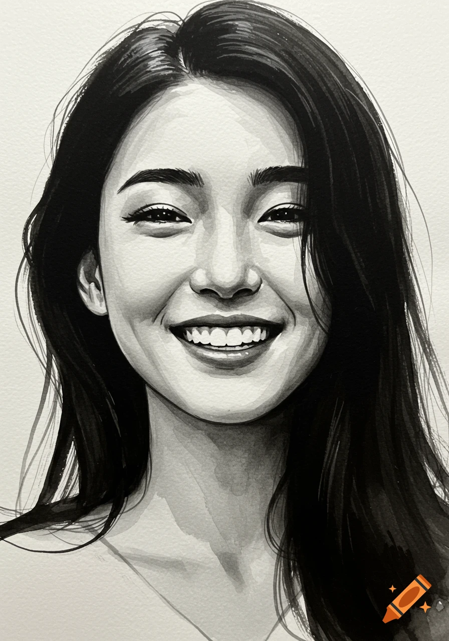 Black and white ink wash portrait of a smiling woman with long dark ...