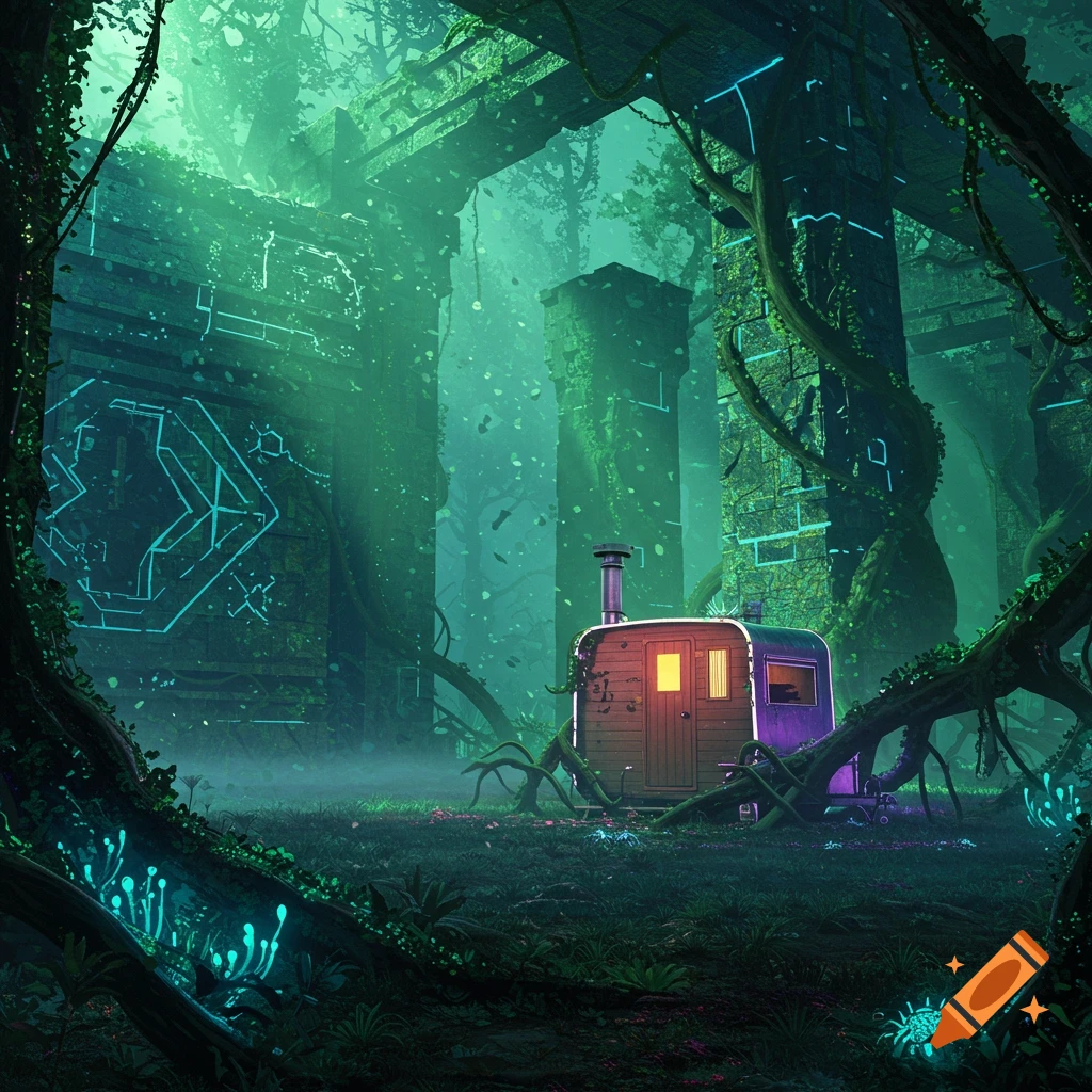 A glowing sauna trailer sits in a mystical, overgrown alien forest with ...