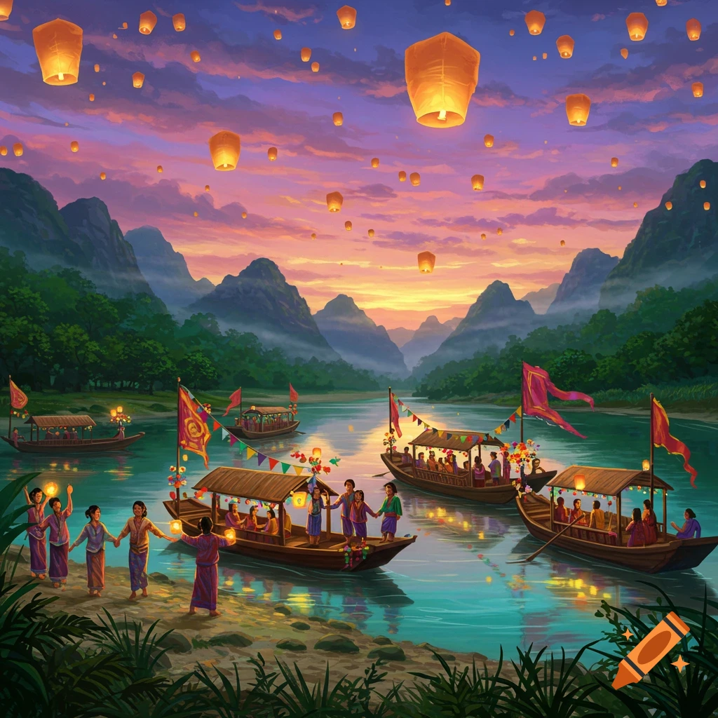 A vibrant digital painting of a lantern festival on a river at sunset ...