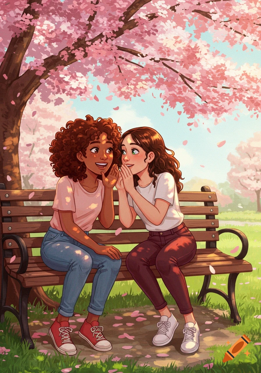 Two young women whisper a secret on a park bench under a pink cherry ...