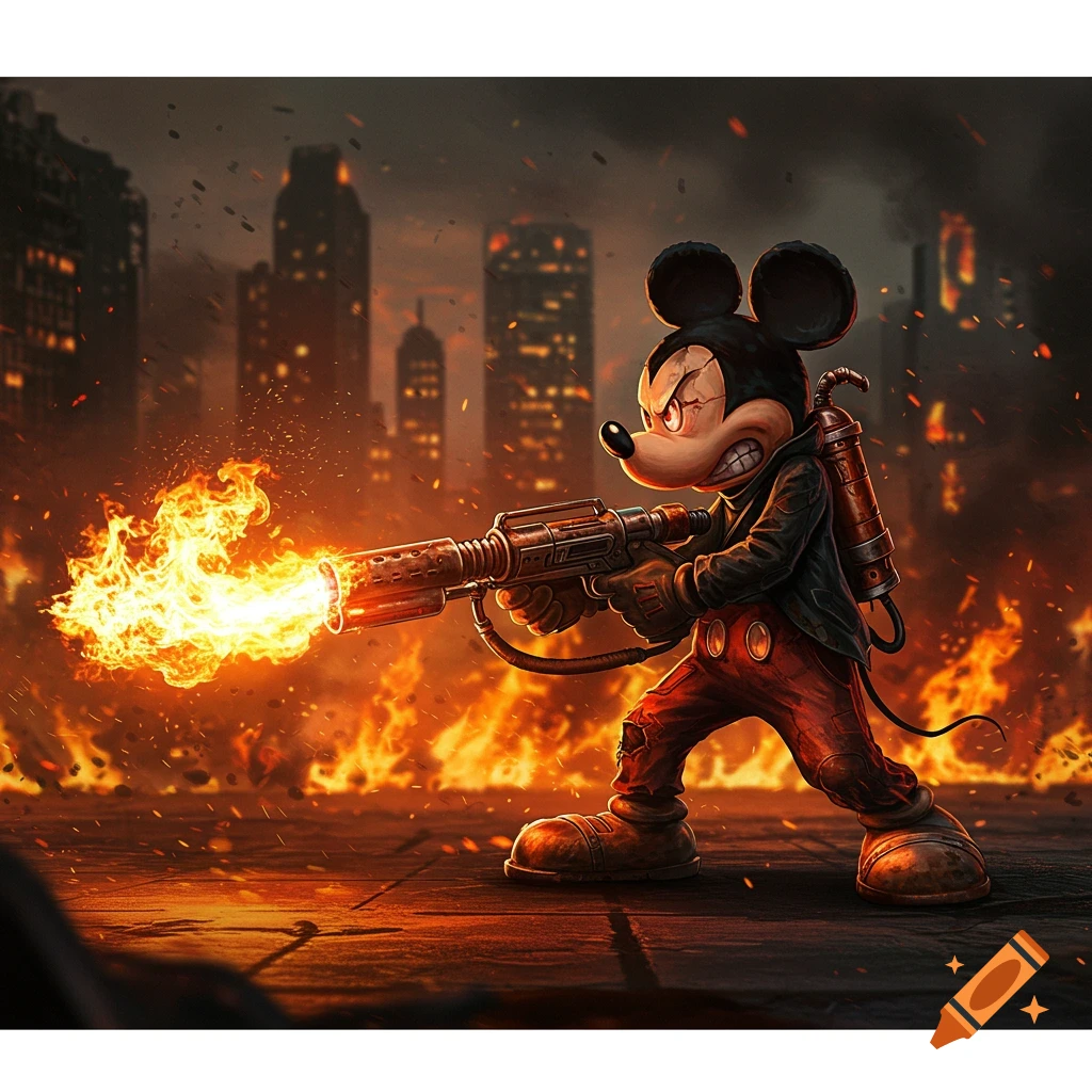 Mickey Mouse, with a furious expression, fires a flamethrower in a ...