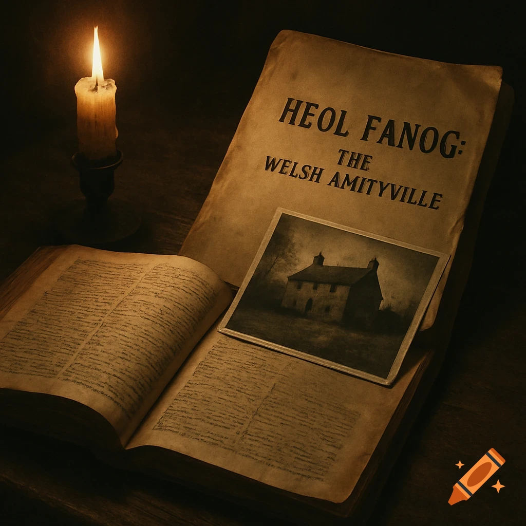 An open antique ledger, a photograph of a haunted farmhouse, and a ...