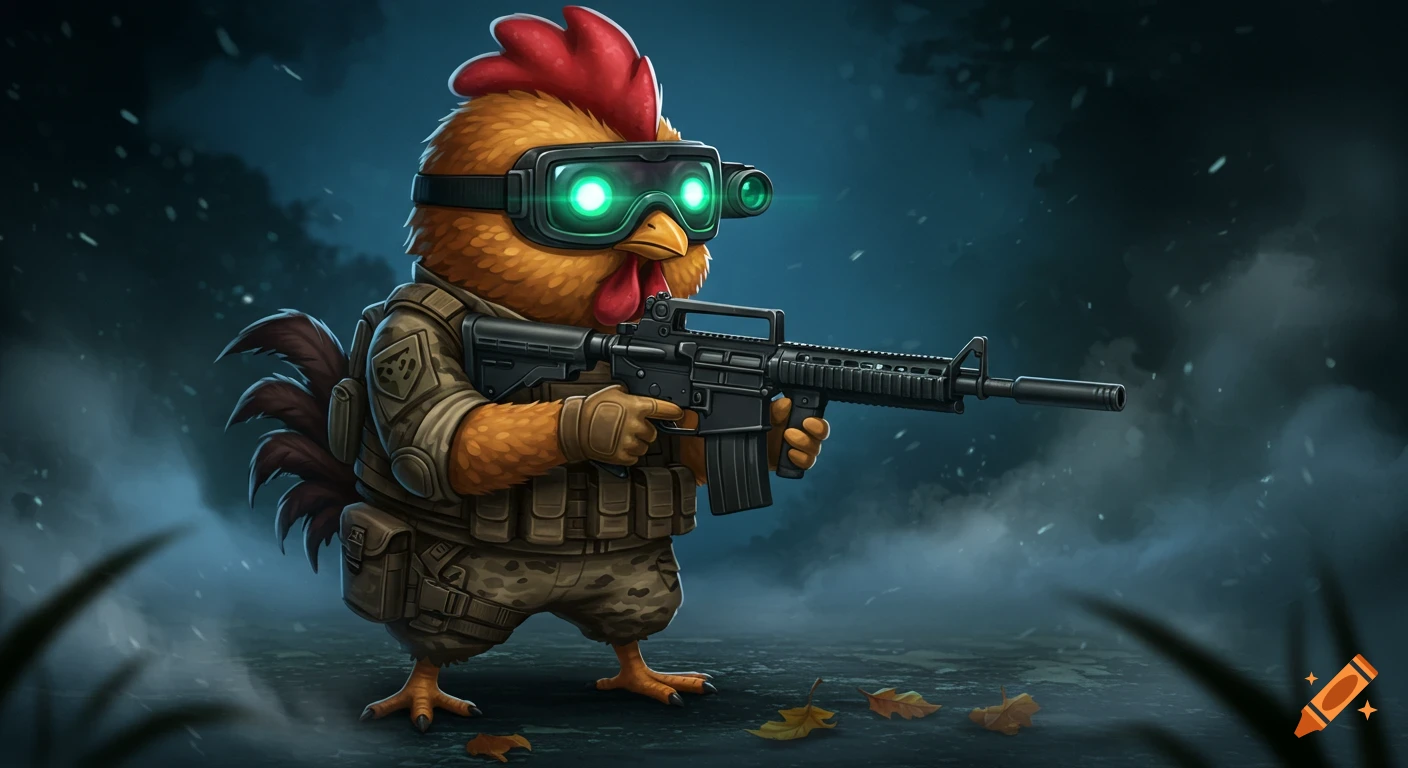 A stylized combat chicken in military fatigues and night vision goggles ...