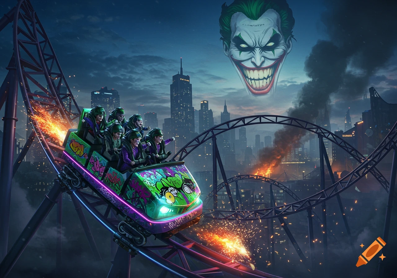 A stylized image of a roller coaster with passengers, with a large ...