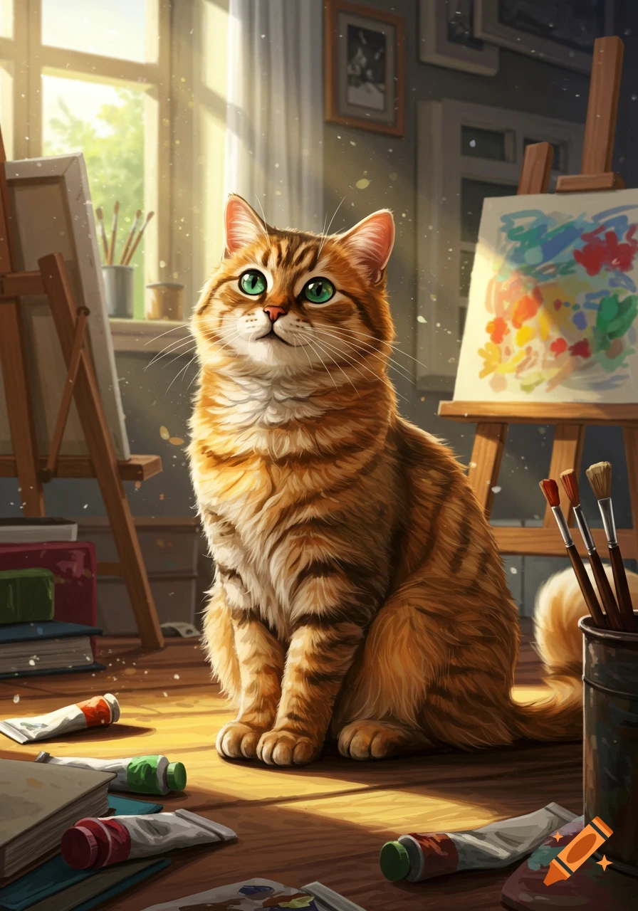 A charming cartoon gray tabby cat with large golden eyes sits on a ...