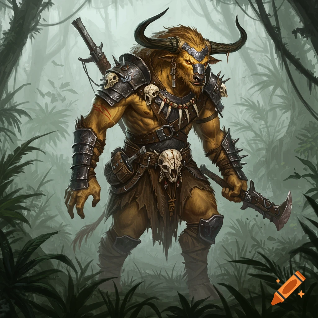 A fierce minotaur-like warrior with ochre fur, horns, and dark armor ...