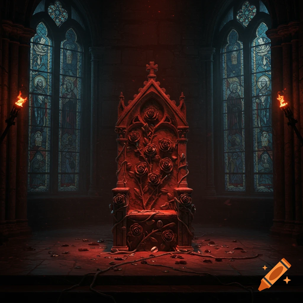 A gothic throne covered in roses, bathed in red light, within a dark ...