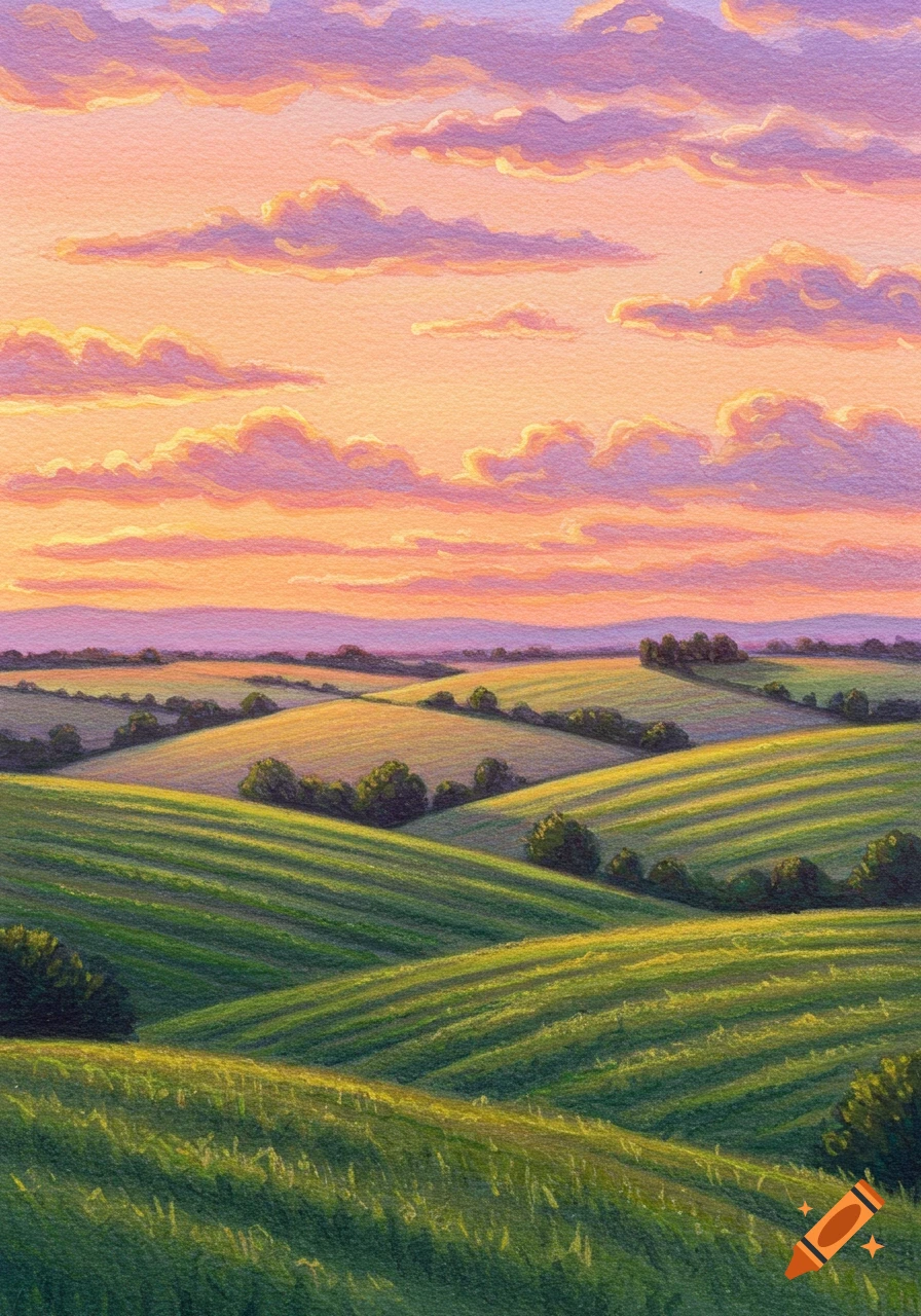 A color pencil sketch of rolling green hills under a pink and orange ...