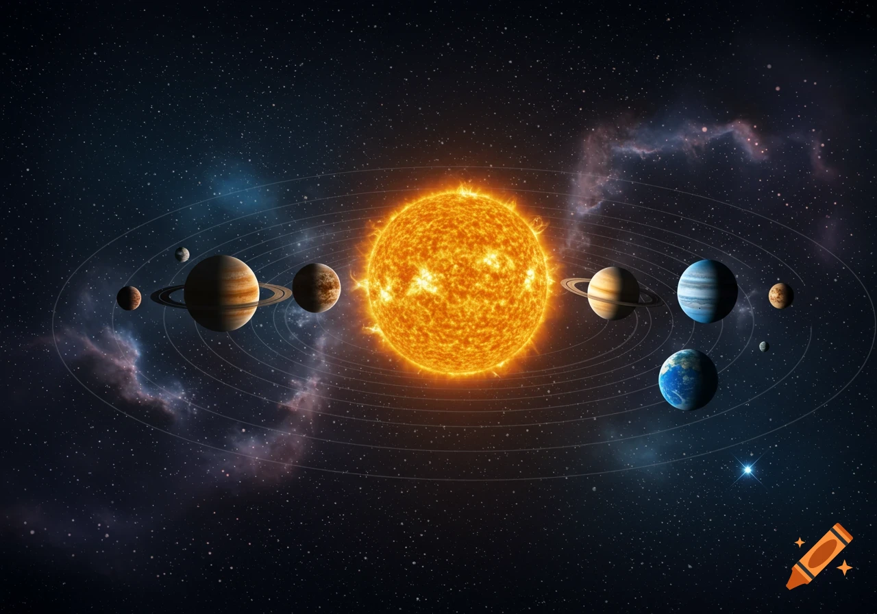 Photorealistic image of the sun, Earth, and Moon against a starry space ...