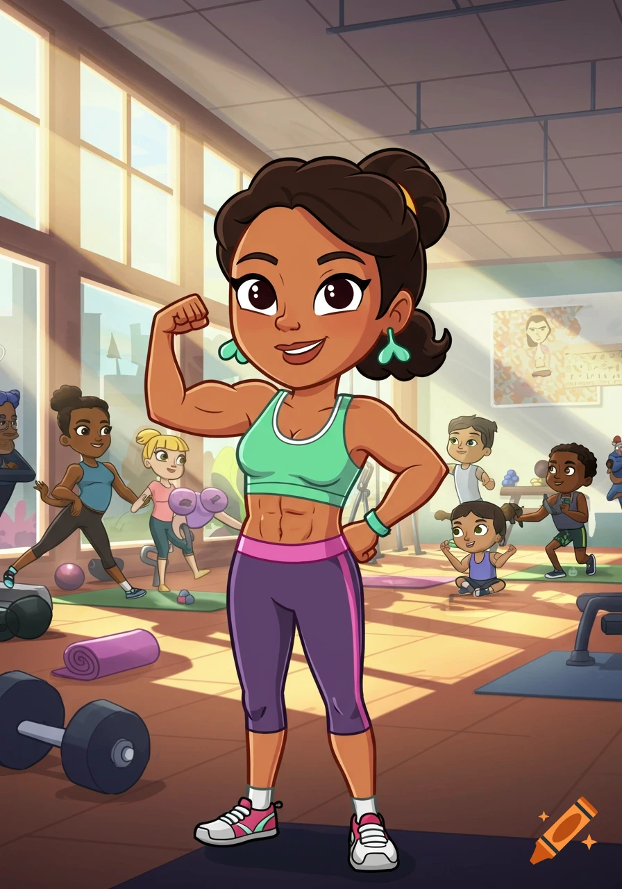 A cartoon girl with pink hair and large muscles flexes in a gym ...