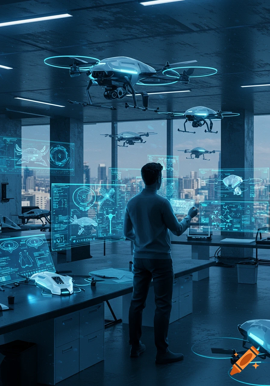 A young man in glasses works on an airplane design at a desk with ...