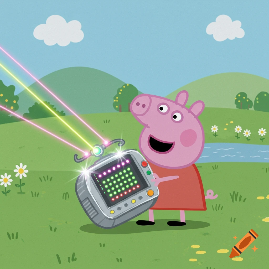 Peppa Pig holding a futuristic device emitting colorful laser beams in ...