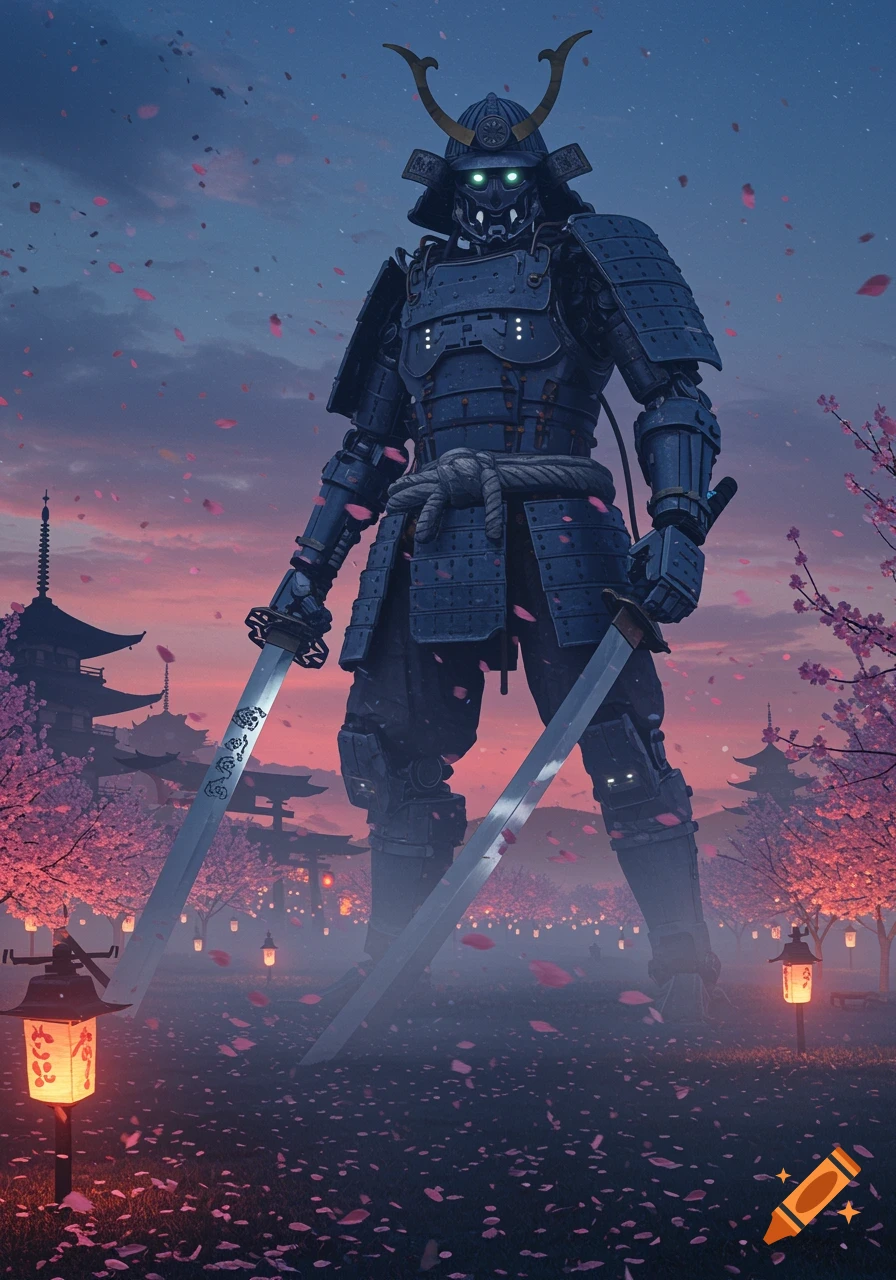 Samurais in red armor stand in a snowy Japanese landscape under a pink ...