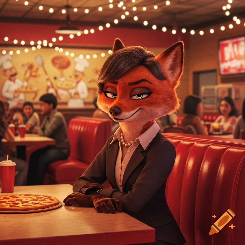 An anthropomorphic fox chef in a kitchen, flipping bacon and eggs in a ...