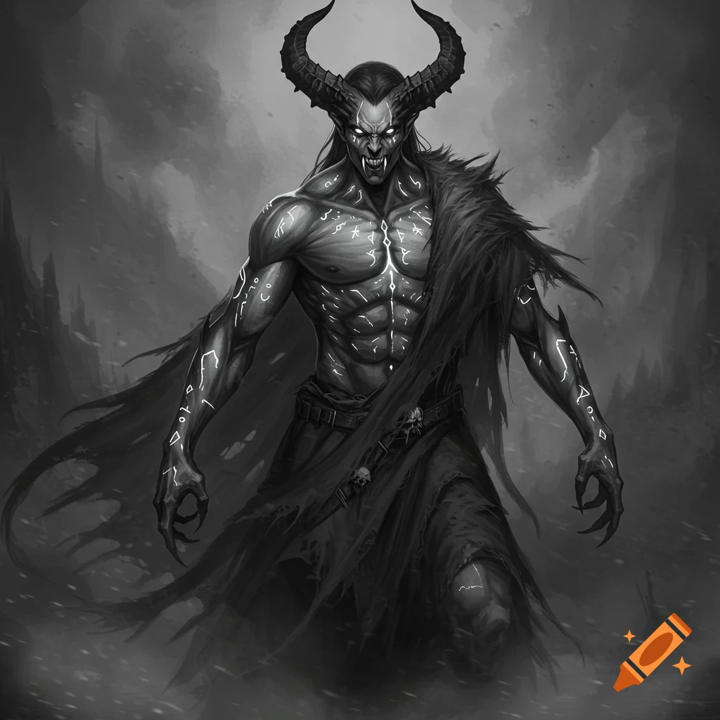 A muscular, dark fantasy demon with large horns, glowing runes on its ...