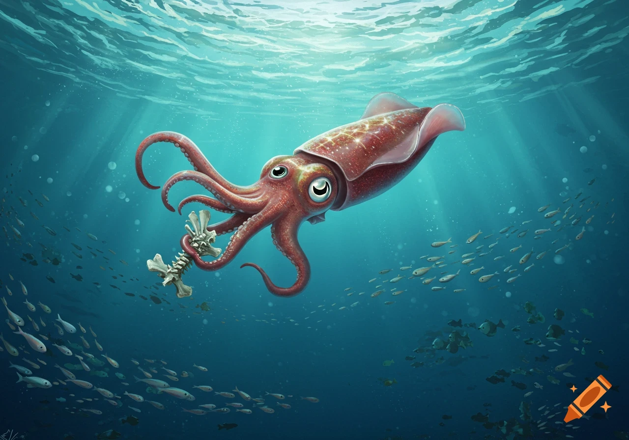 A cute cartoon squid wearing a captain's hat and holding a bottle of ...