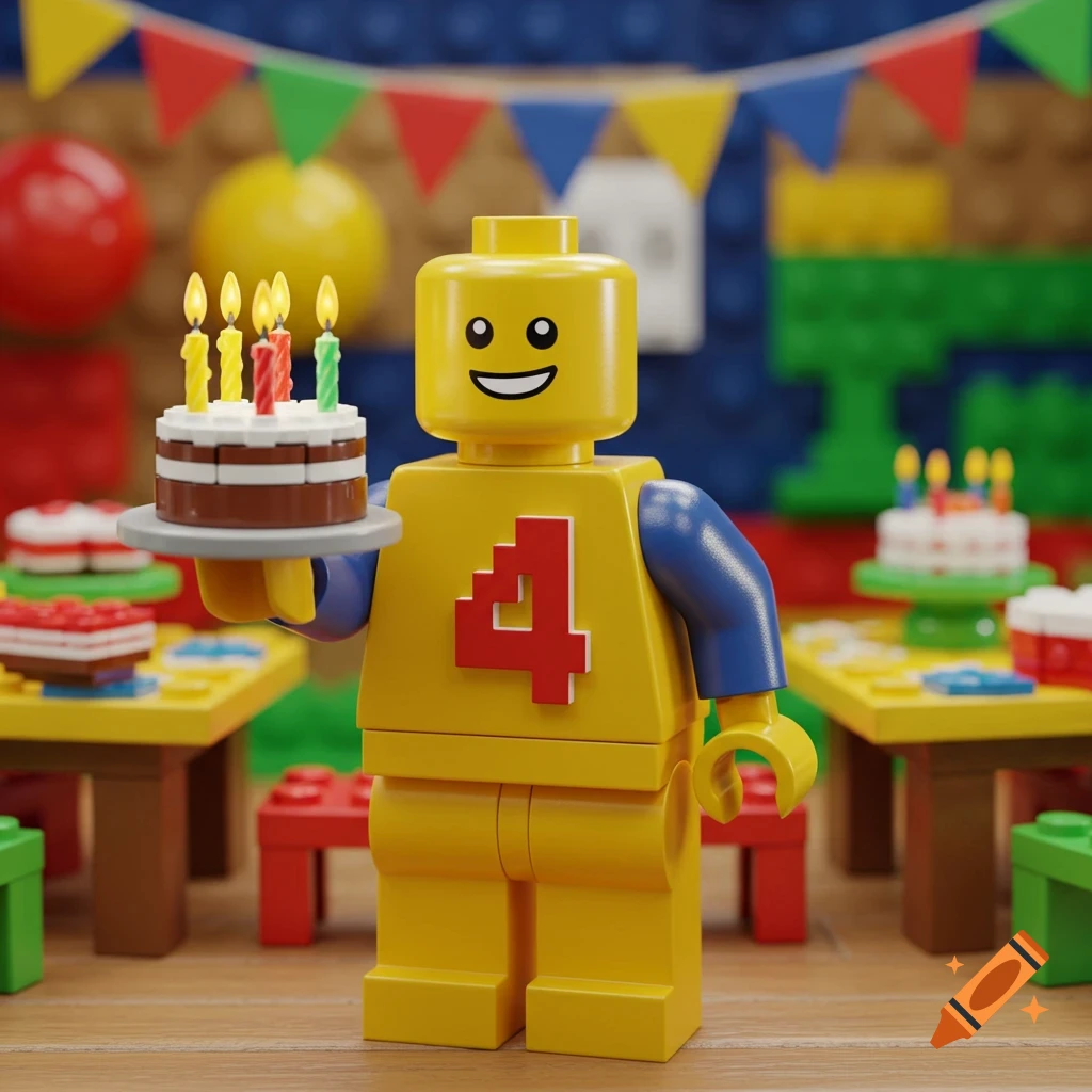 A yellow Lego minifigure with a red number 4 on its chest holds a small ...