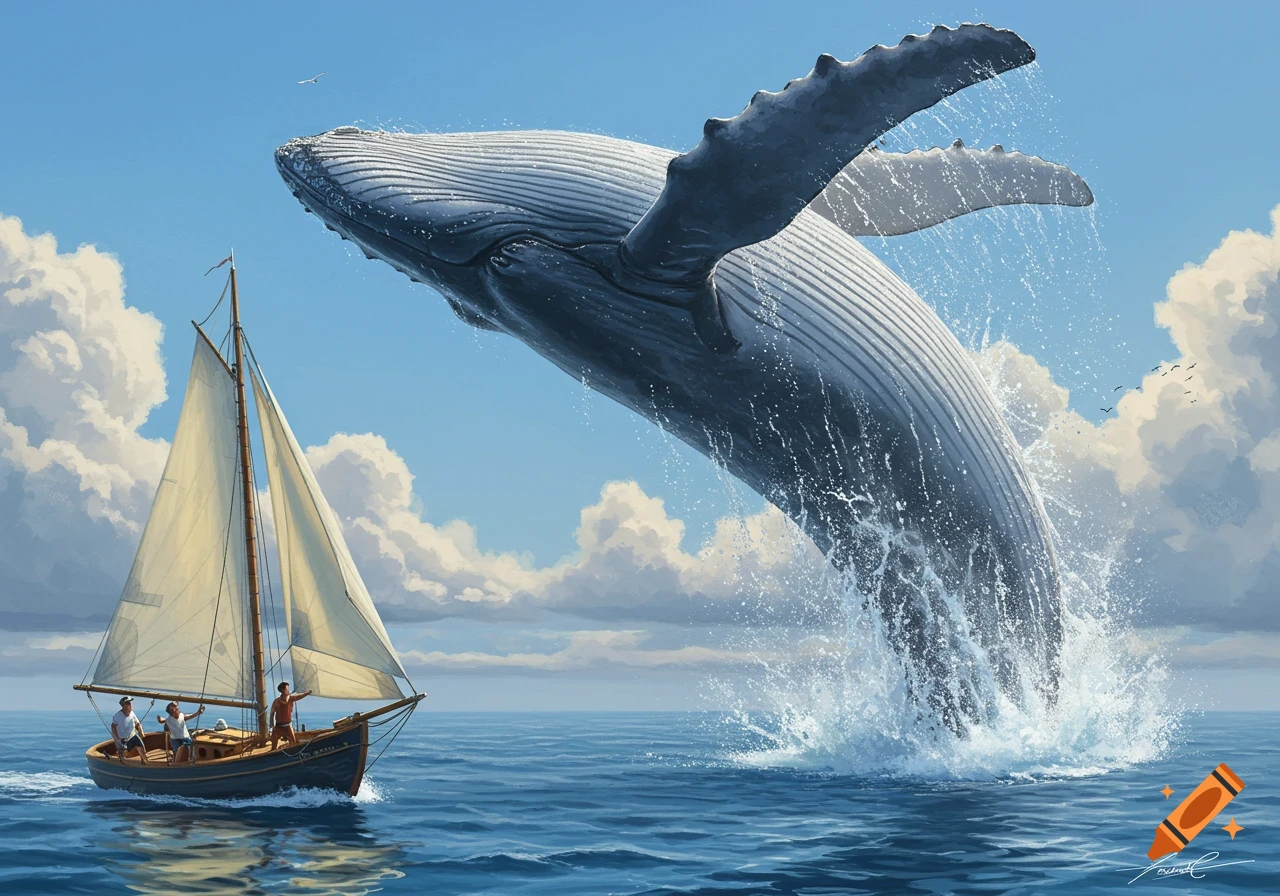 A humpback whale leaps out of the water against a colorful sunset. on ...