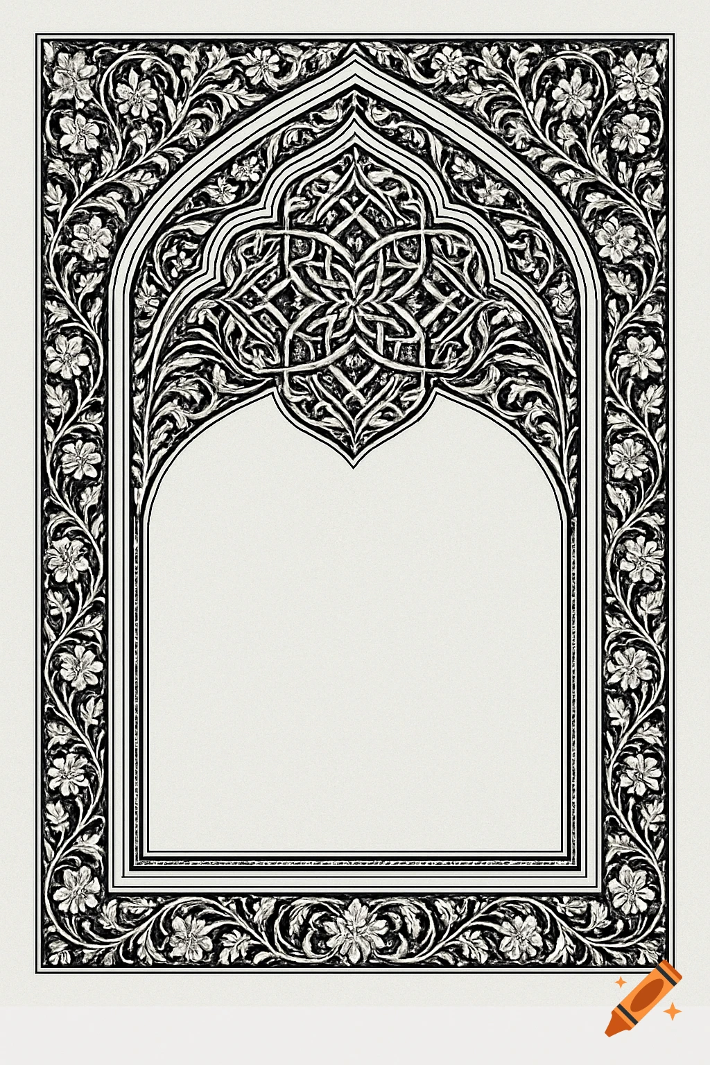 Ornate black and white frame with Islamic Tahzib floral and geometric ...