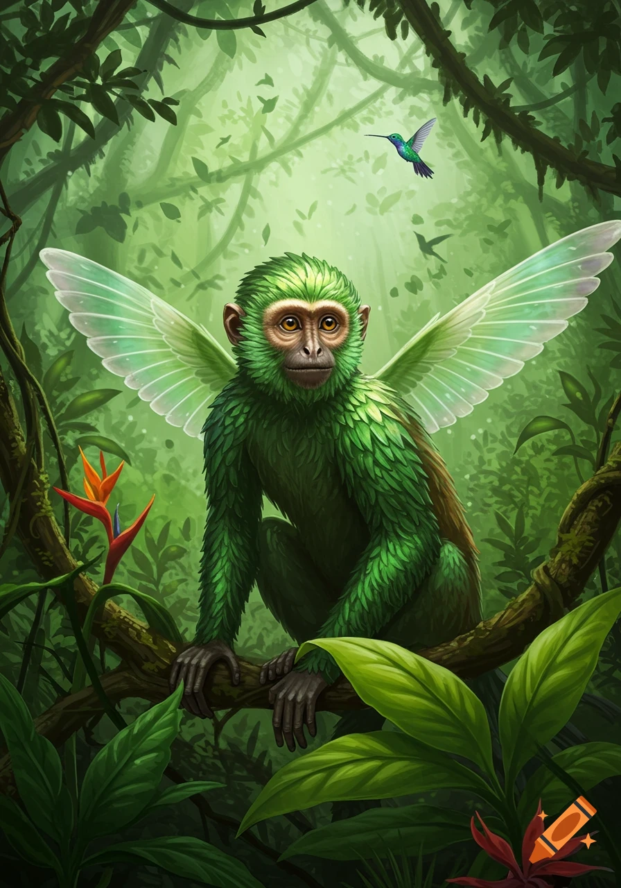 Green fairy monkey with iridescent wings sits on a jungle branch as a ...