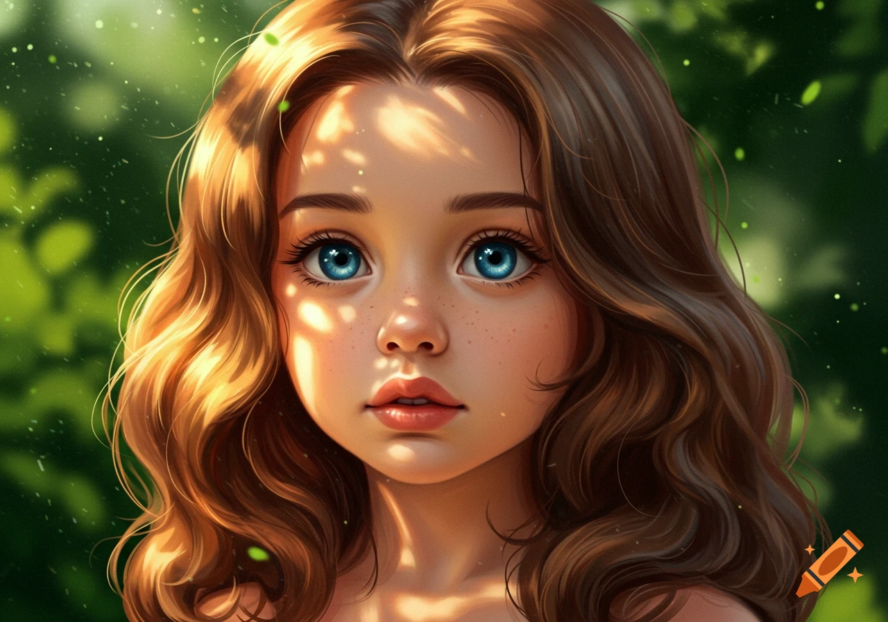 A closeup portrait of a young girl with brown hair and eyes and freckles. on Craiyon