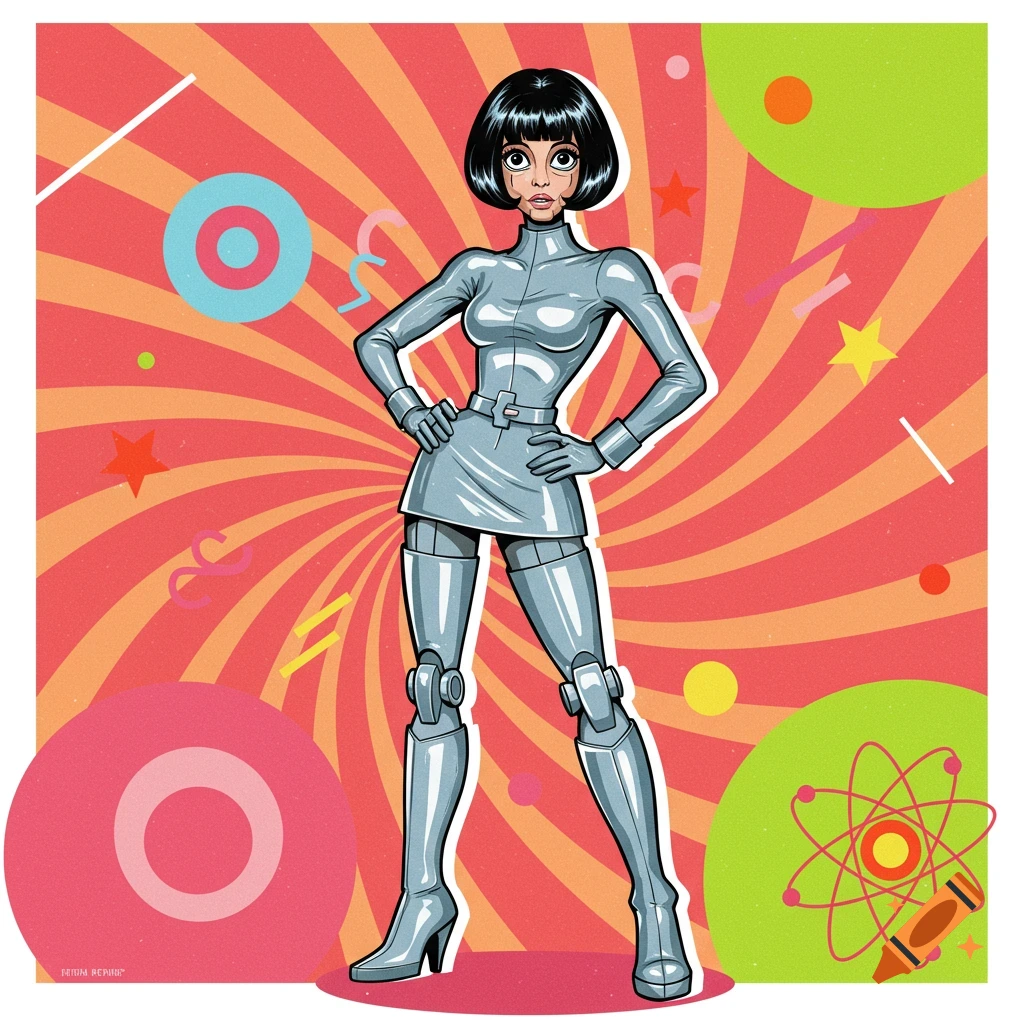 A retro-futuristic illustration of a fembot in a silver suit, hands on ...