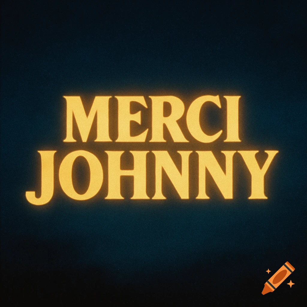 Glowing yellow text 'MERCI JOHNNY' on a dark, grainy background ...