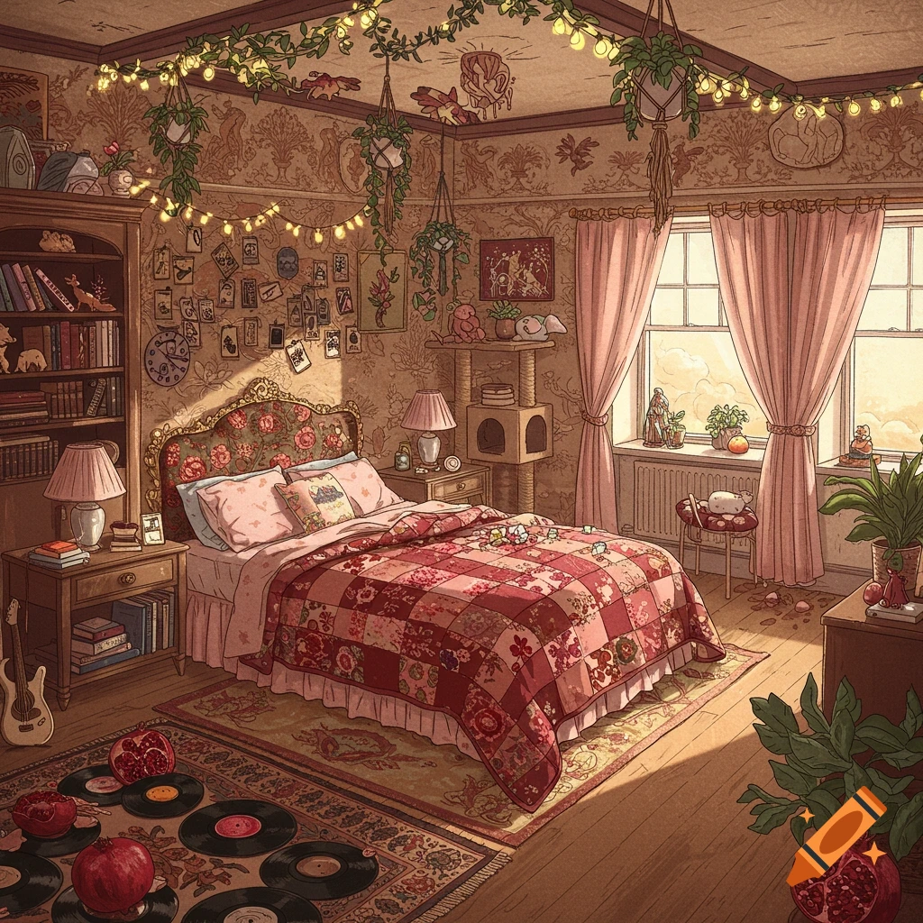 A cozy, maximalist bedroom with a floral quilt bed, bookshelf, cat tree ...