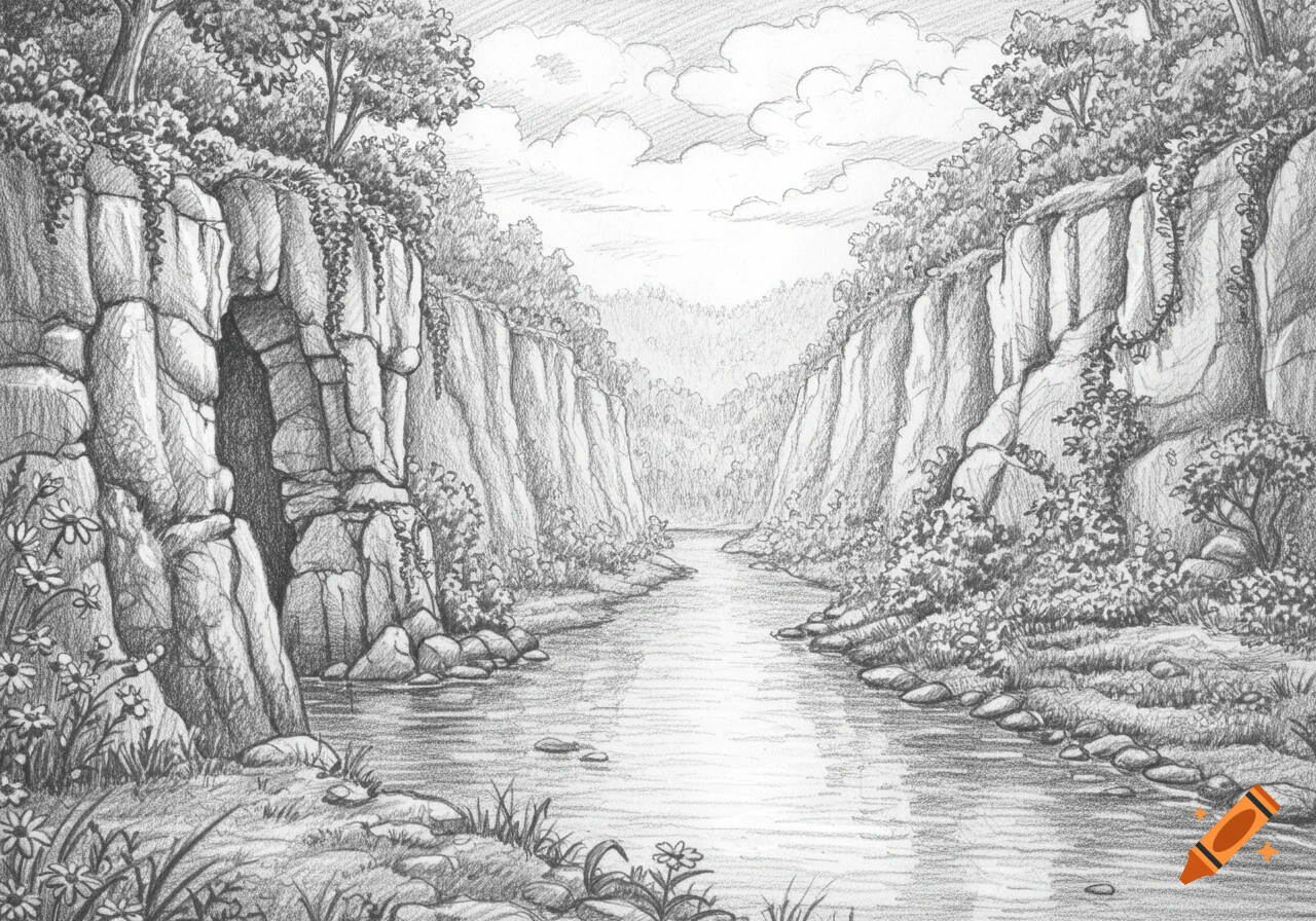 A detailed pencil sketch of a river flowing through a rocky canyon with ...