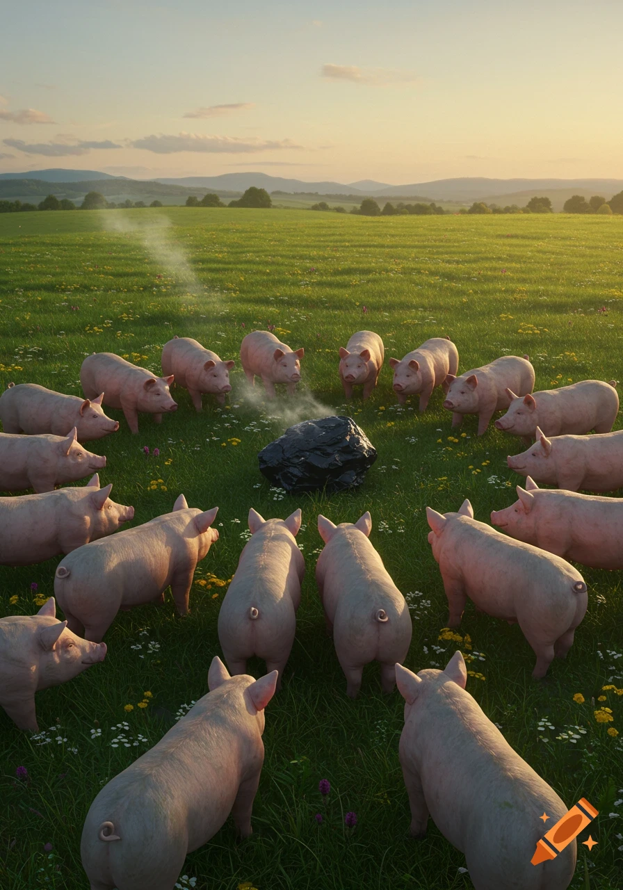 Photorealistic image of many pigs gathered in a circle around a piece ...