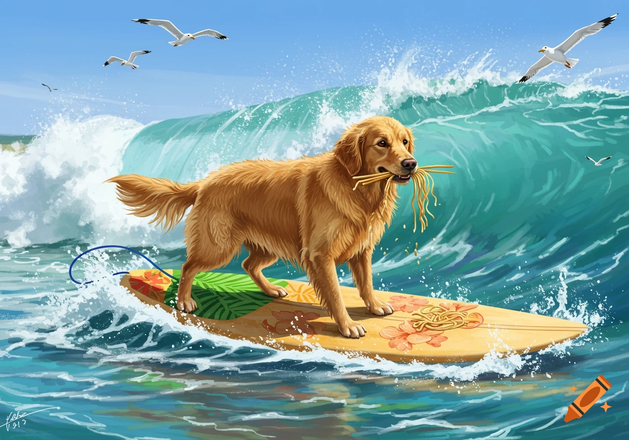 Four happy dogs play in the ocean waves as the sun sets over the water ...