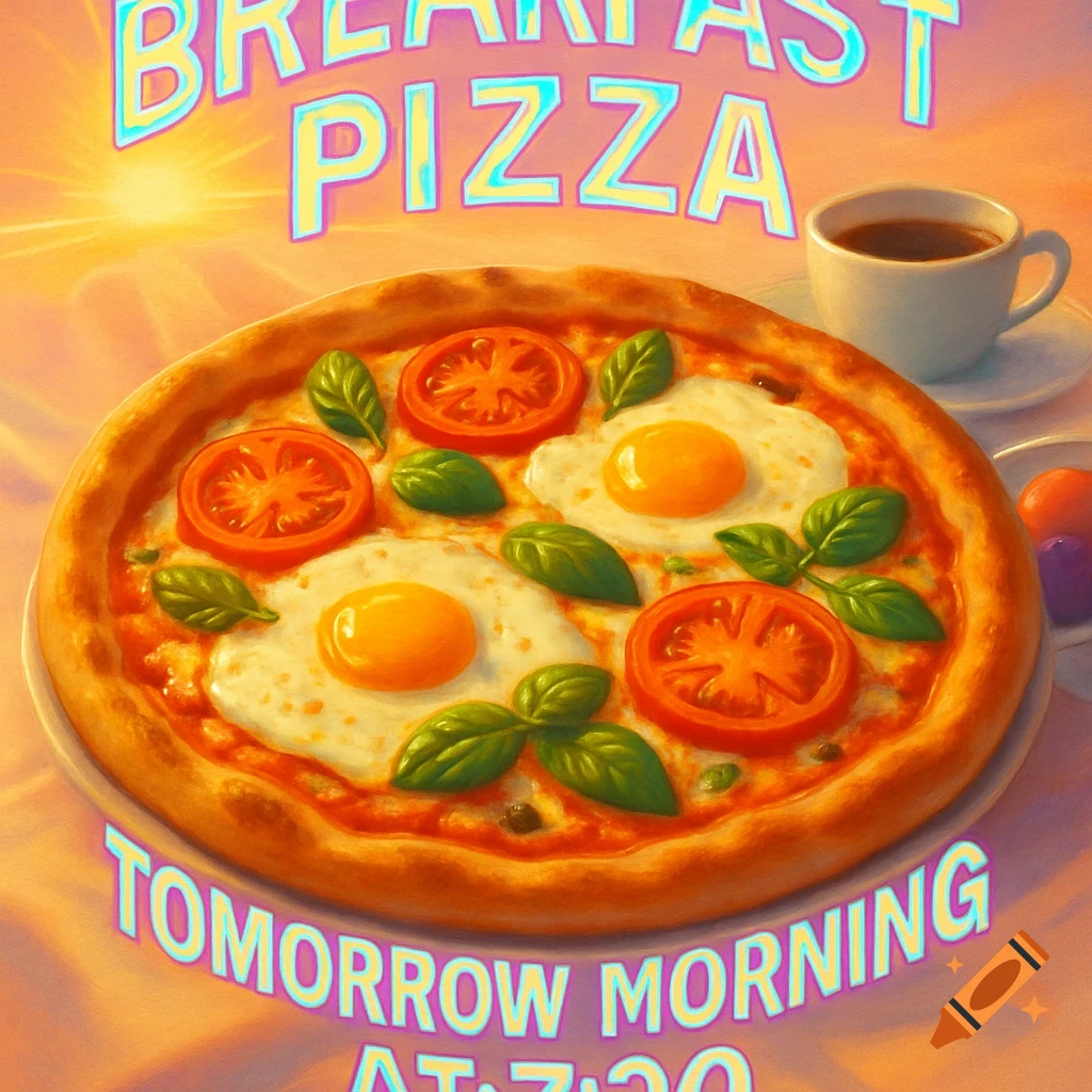 A vibrant breakfast pizza topped with eggs, tomatoes, and basil, with ...
